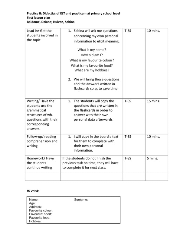 1º lesson plan personal information | DOC | Homework and Study | Education