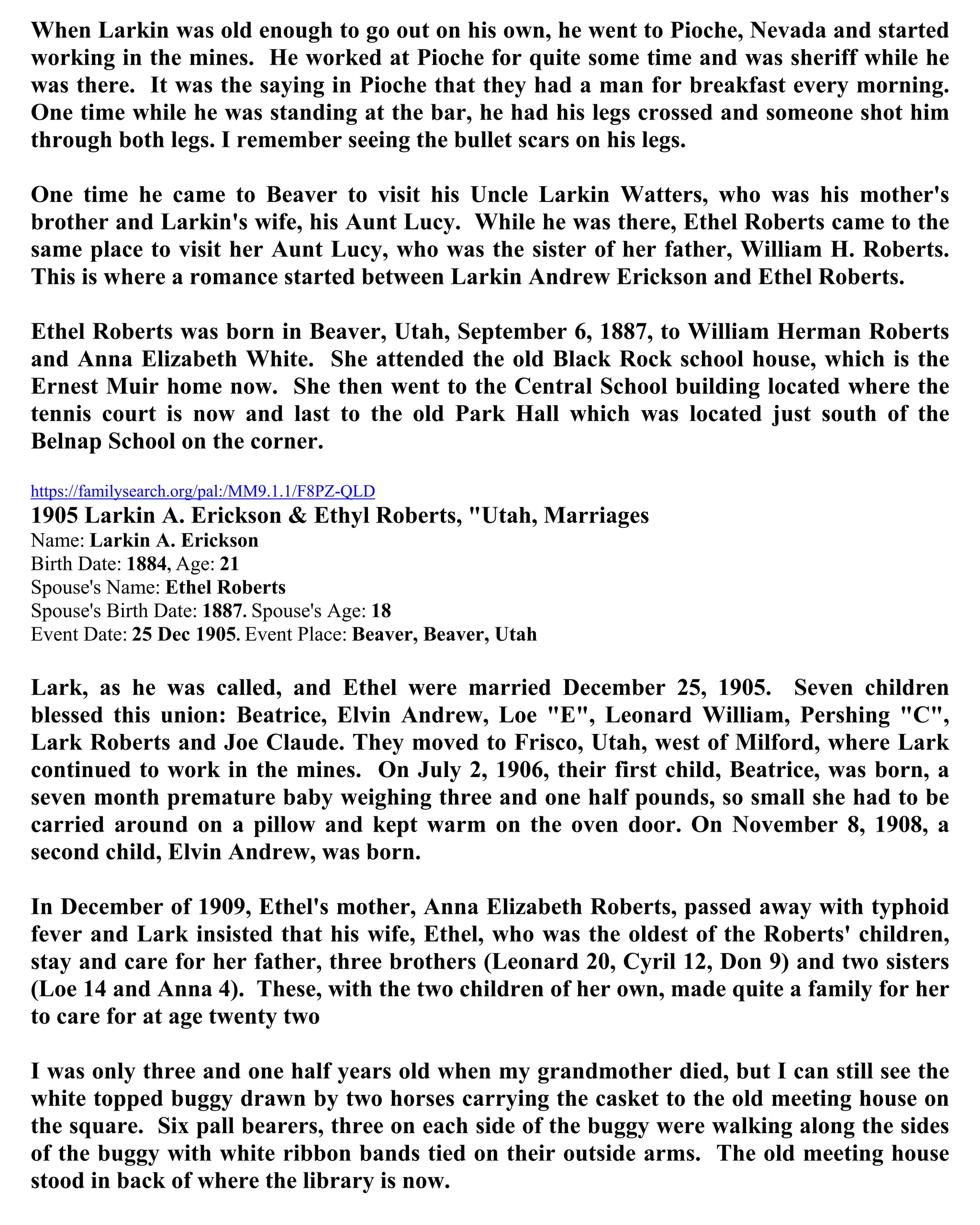 Life's Story of Larkin Andrew Erickson & Ethel Roberts | PDF