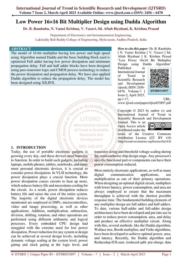 Low Power 16×16 Bit Multiplier Design using Dadda Algorithm | PDF ...