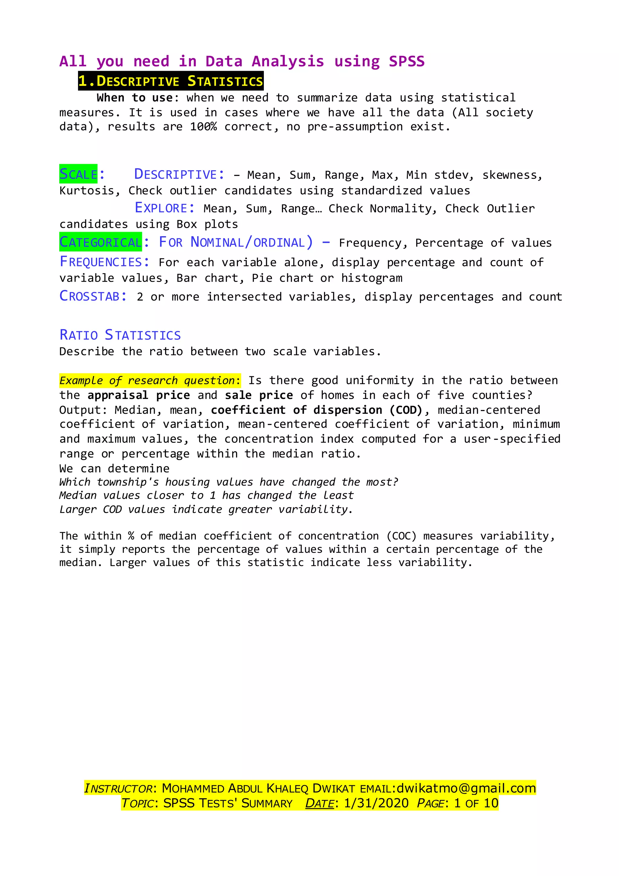 1 main spss test summary 2020 ultimate | PDF