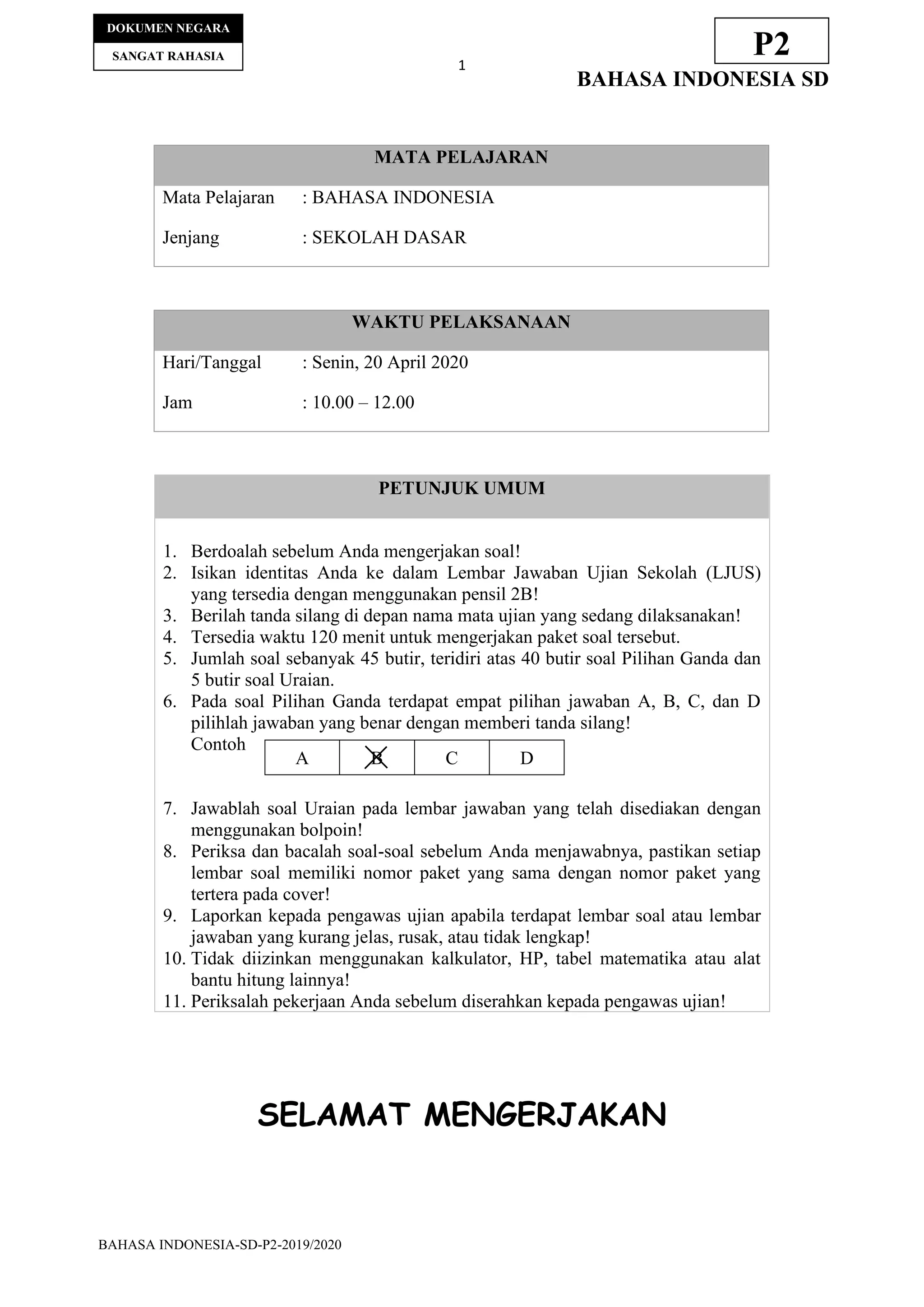 master soal US Bahasa Indonesia 2020 paket 2 (1) | PDF