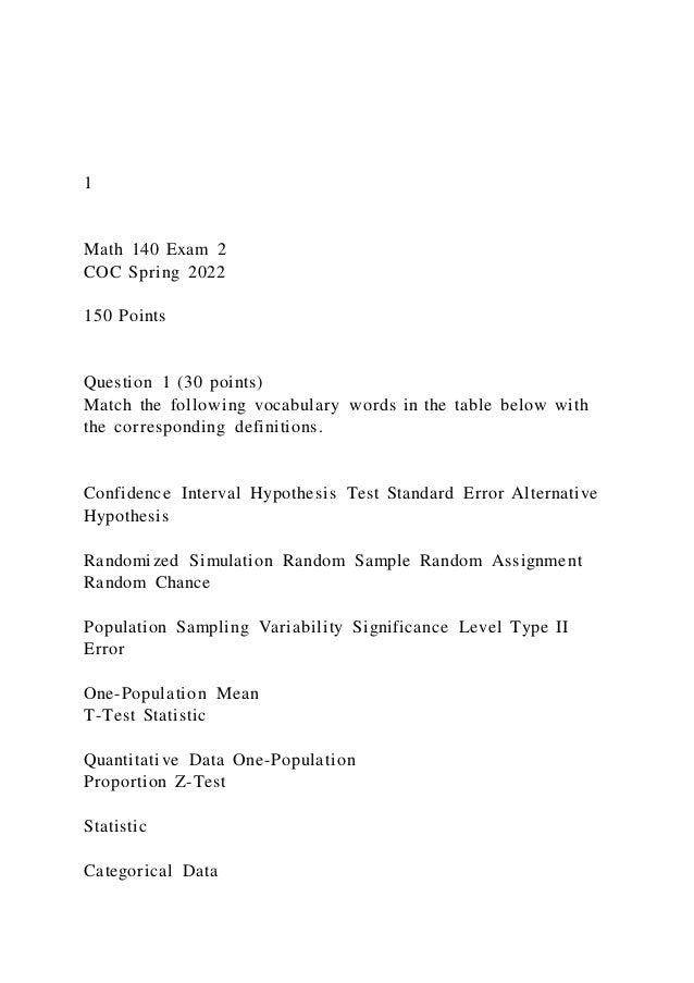 1 Math 140 Exam 2 COC Spring 2022 150 Points | PDF
