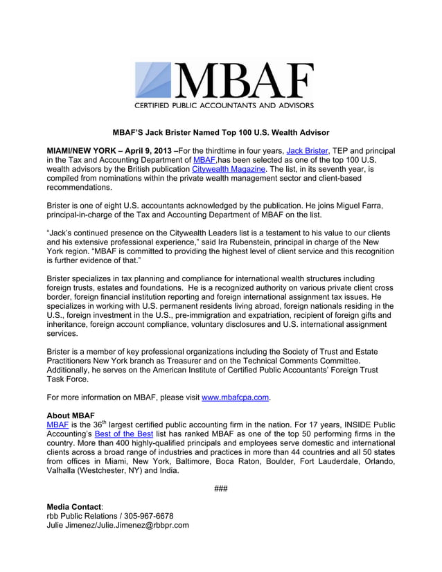 MBAF’S Jack Brister Named Top 100 U.S. Wealth Advisor | PDF
