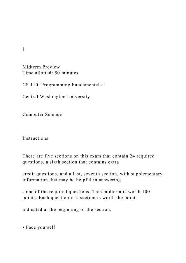 1 Midterm Preview Time allotted 50 minutes CS 11.docx