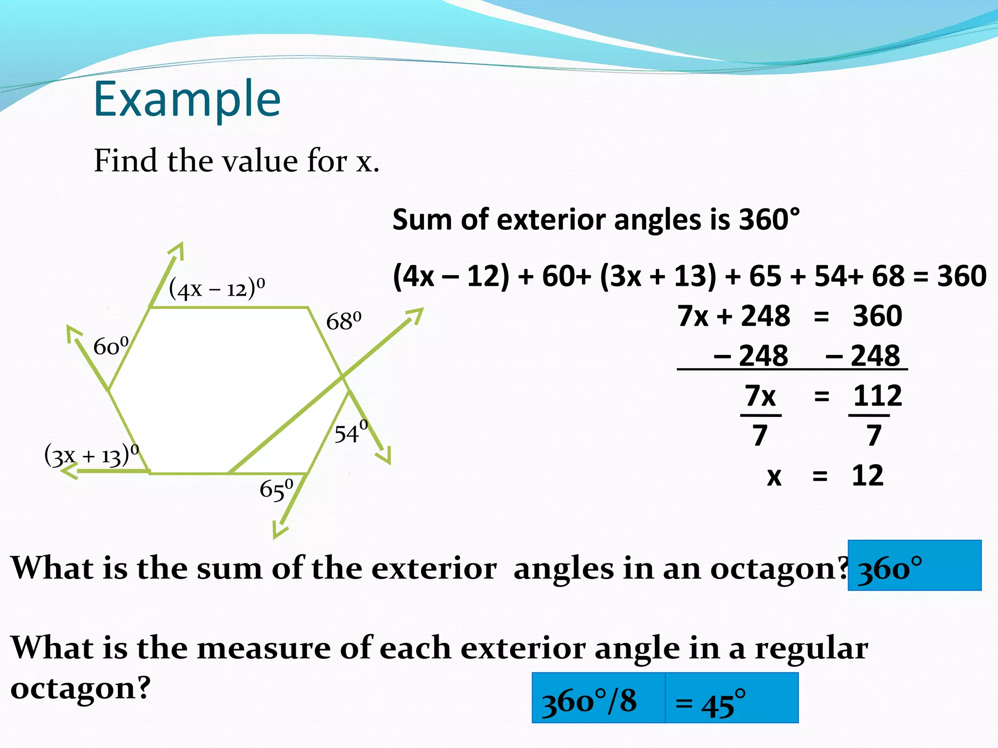 sum of interior and exterior angles in polygons | PPT