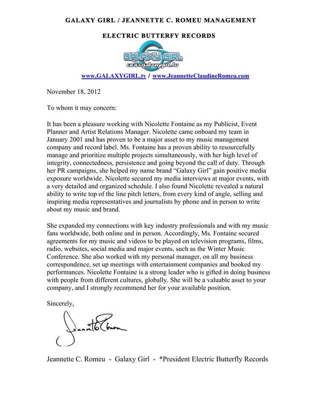 Recommendation for Publicist, Event Planner, Artist Relations Manager Nicolette Fontaine | PDF