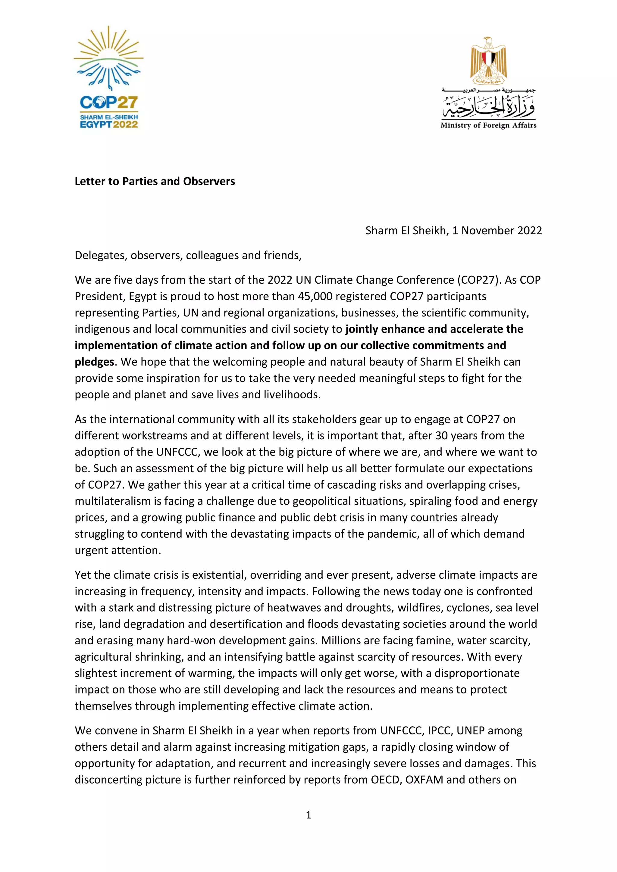 COP27 Incoming President Letter | PDF