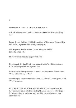 1 OPTIMAL ETHICS SYSTEM CHECK-UP A Risk Management .docx