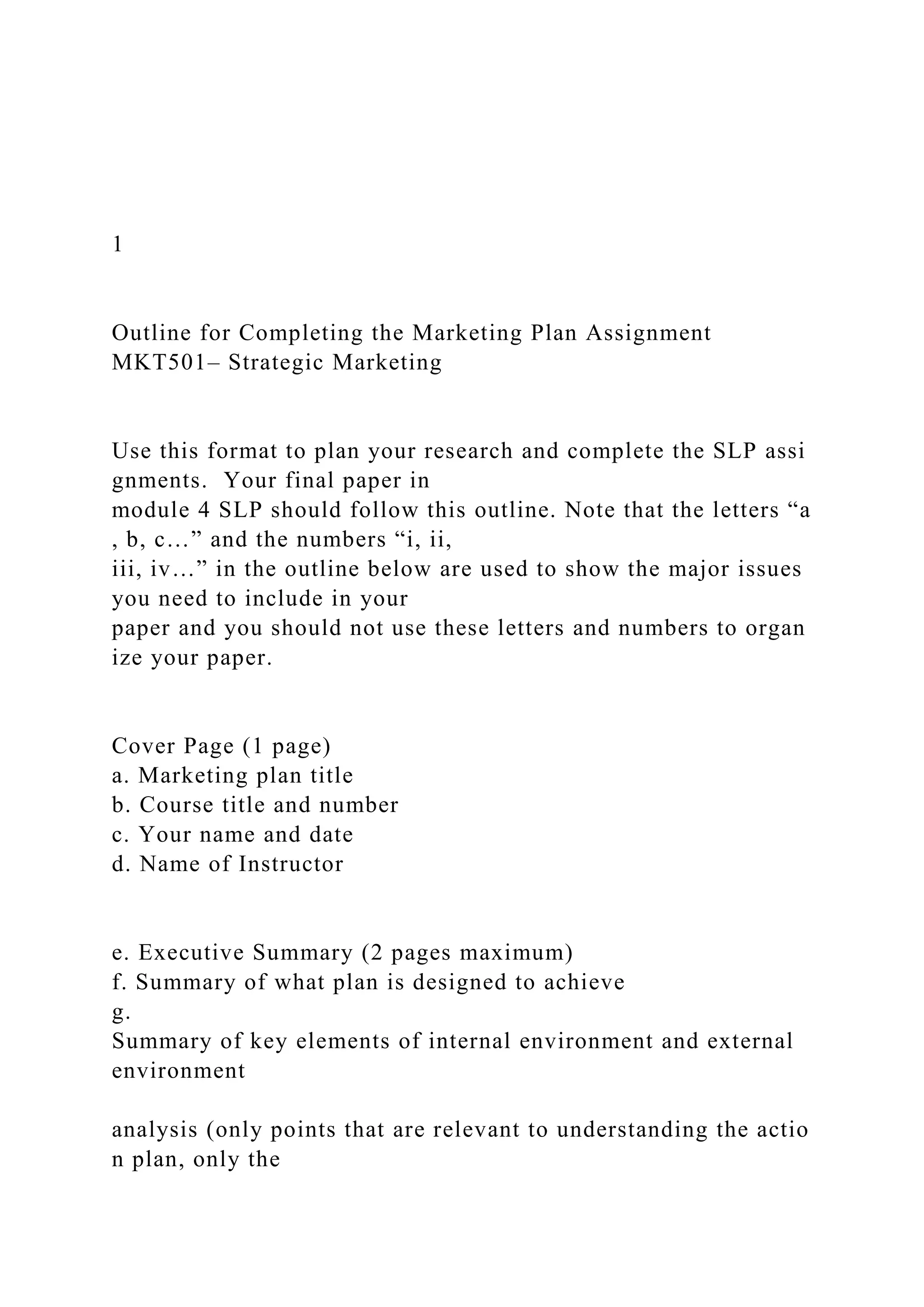1 Outline for Completing the Marketing Plan Assignment .docx