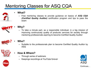 Overview of ASQ Certified Quality Auditor (CQA) | PDF