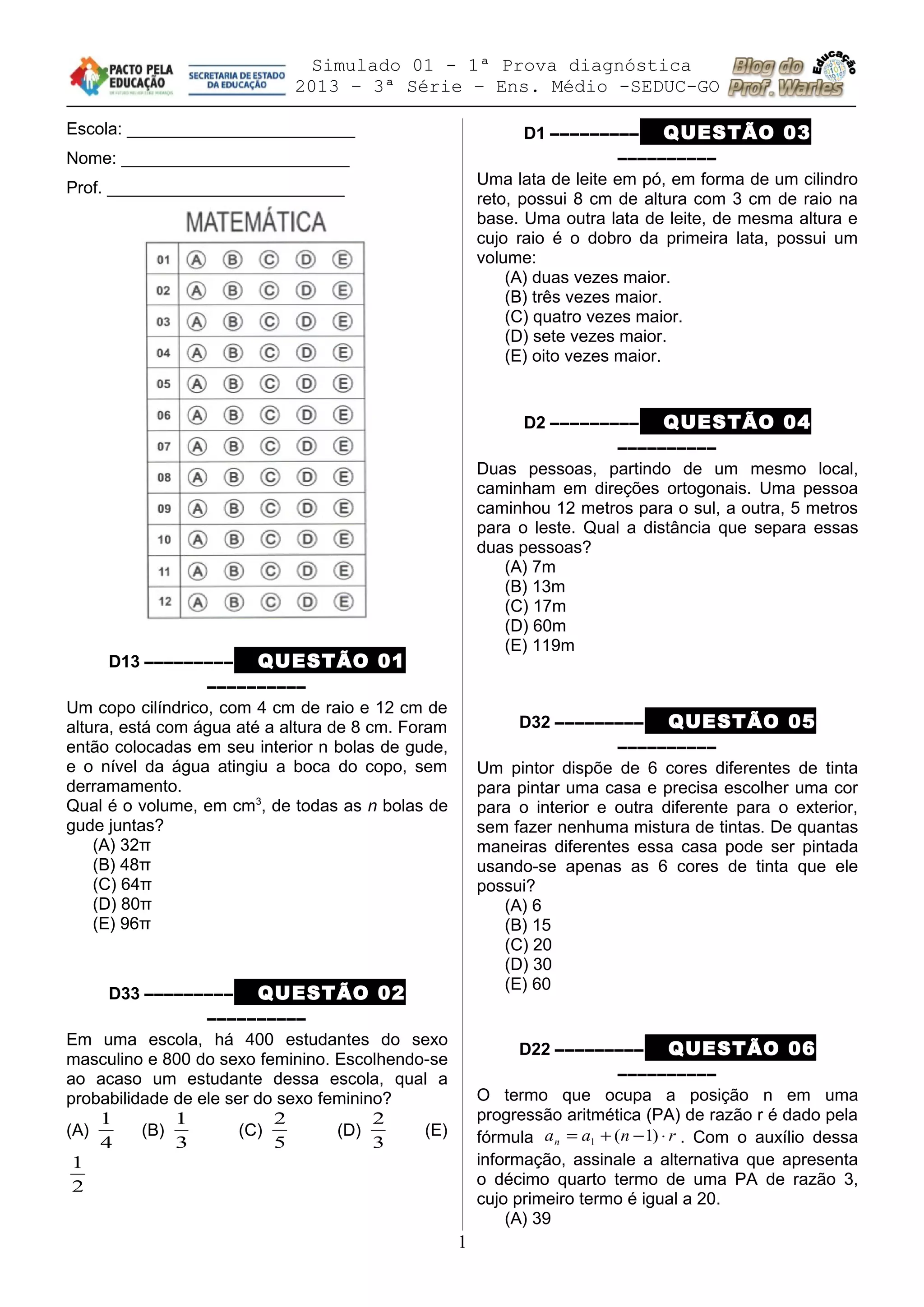 1ª p.d 2011 (simulado 01) - (mat. 3ª série em) - blog do prof. warles | DOC