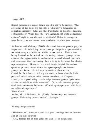 1 page APA Social movements can at times use disruptive behavi | PDF
