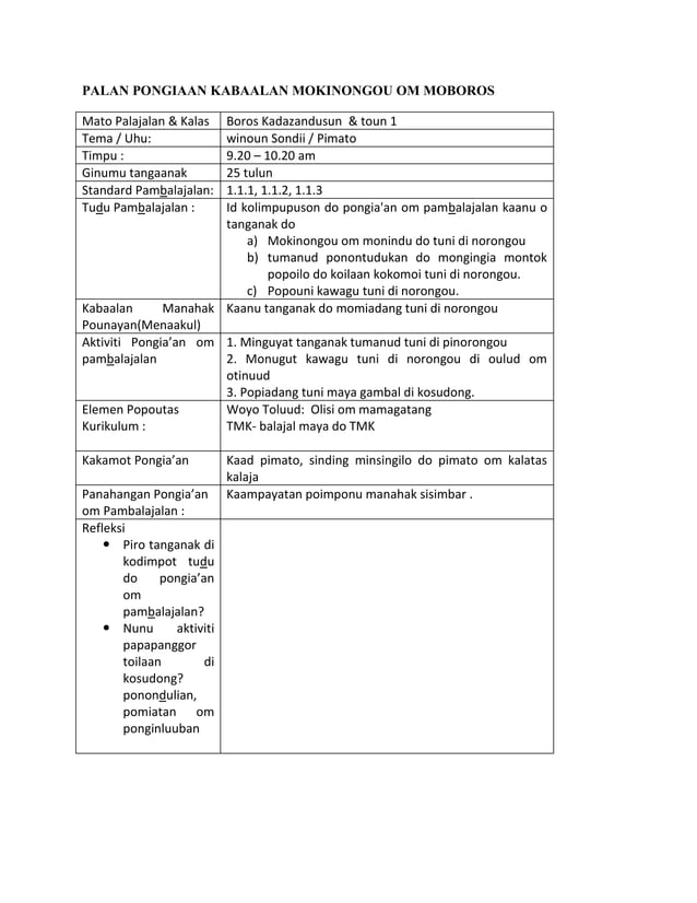 Contoh Rancangan Pengajaran Harian Bahasa Kadazandusun tahun 1 | DOCX