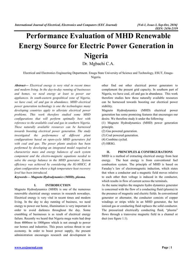 performance evaluation of mhd renewable energy source for electric power generation in%2 | PDF