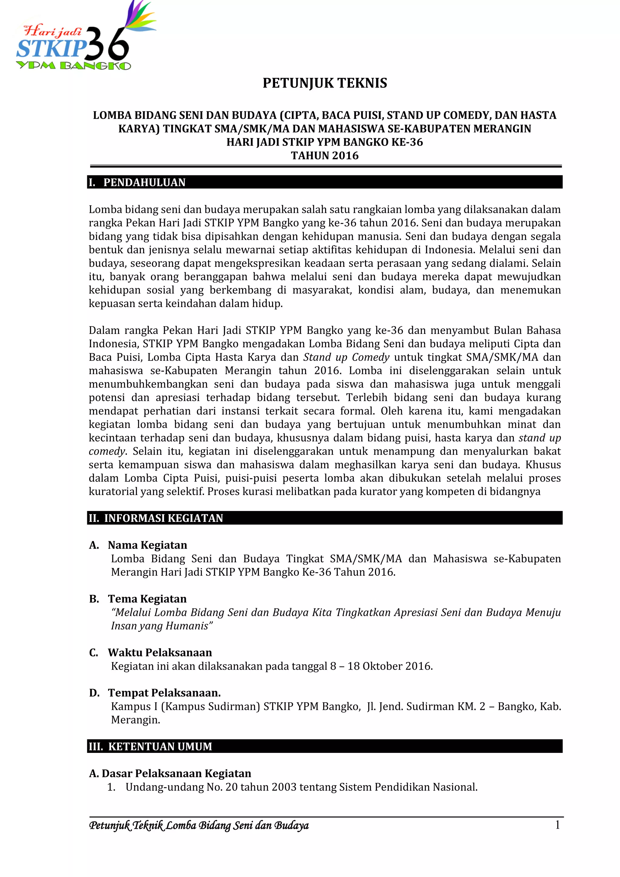 petunjuk teknis lomba bidang seni dan budaya | PDF
