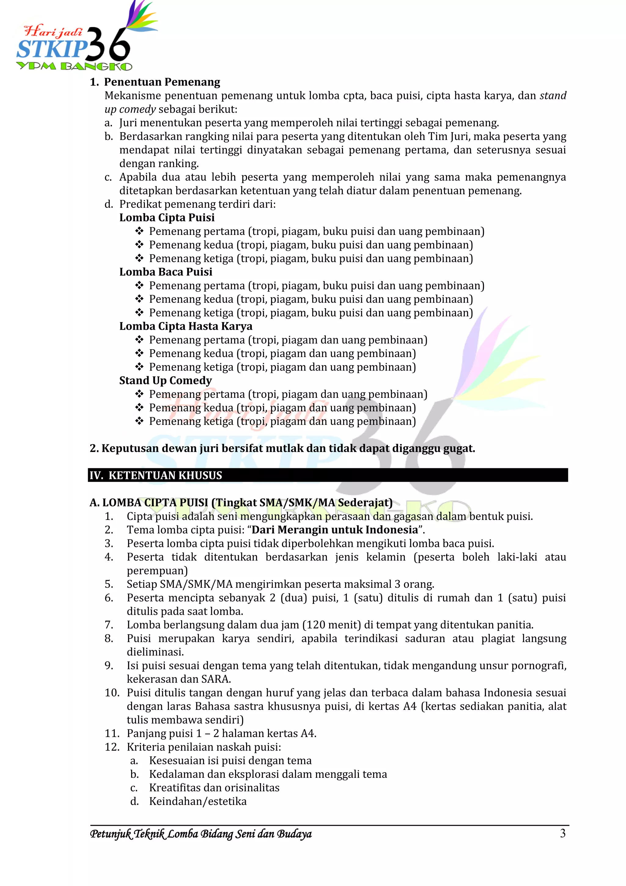 petunjuk teknis lomba bidang seni dan budaya | PDF