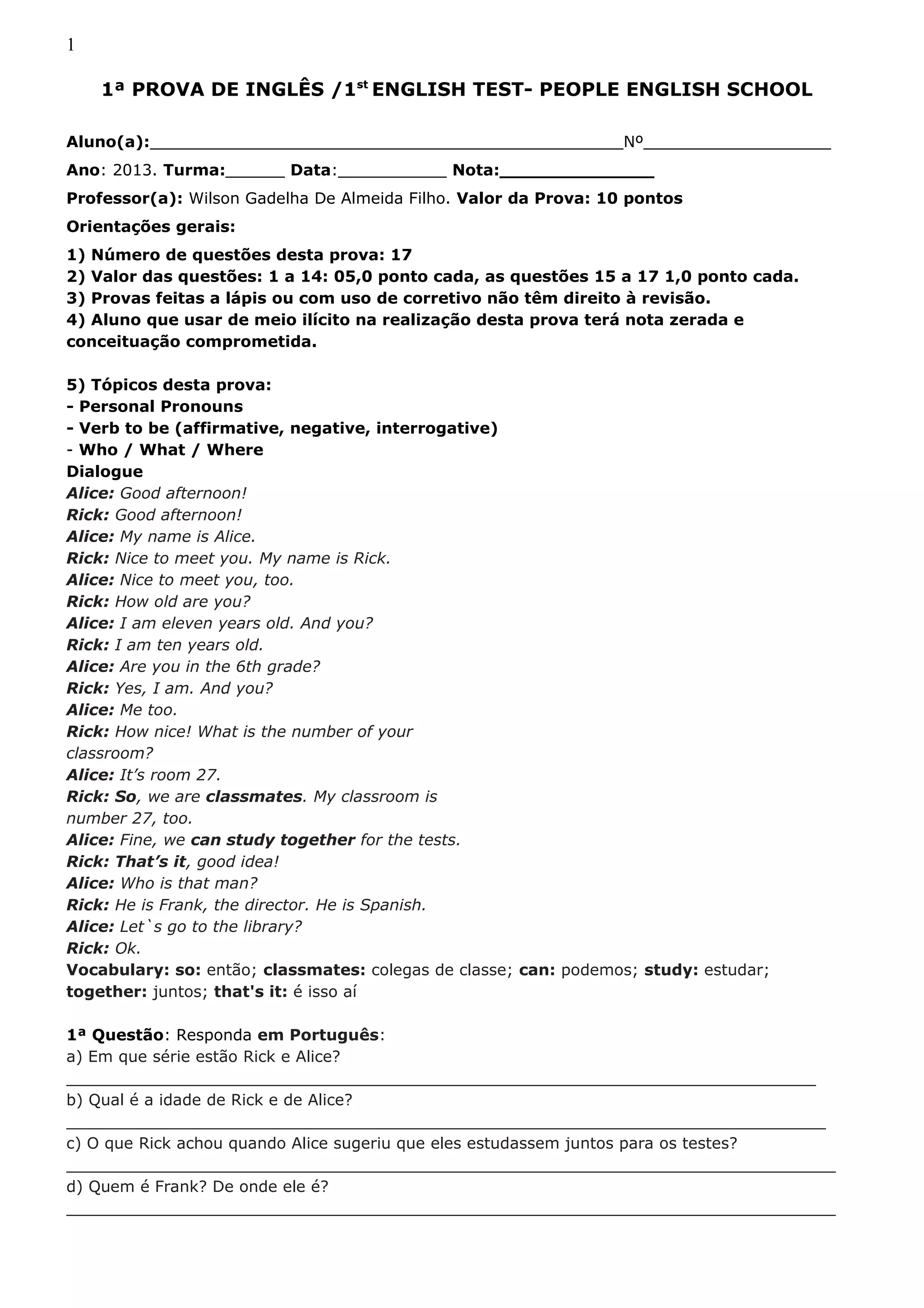 1ª prova de inglês | PDF