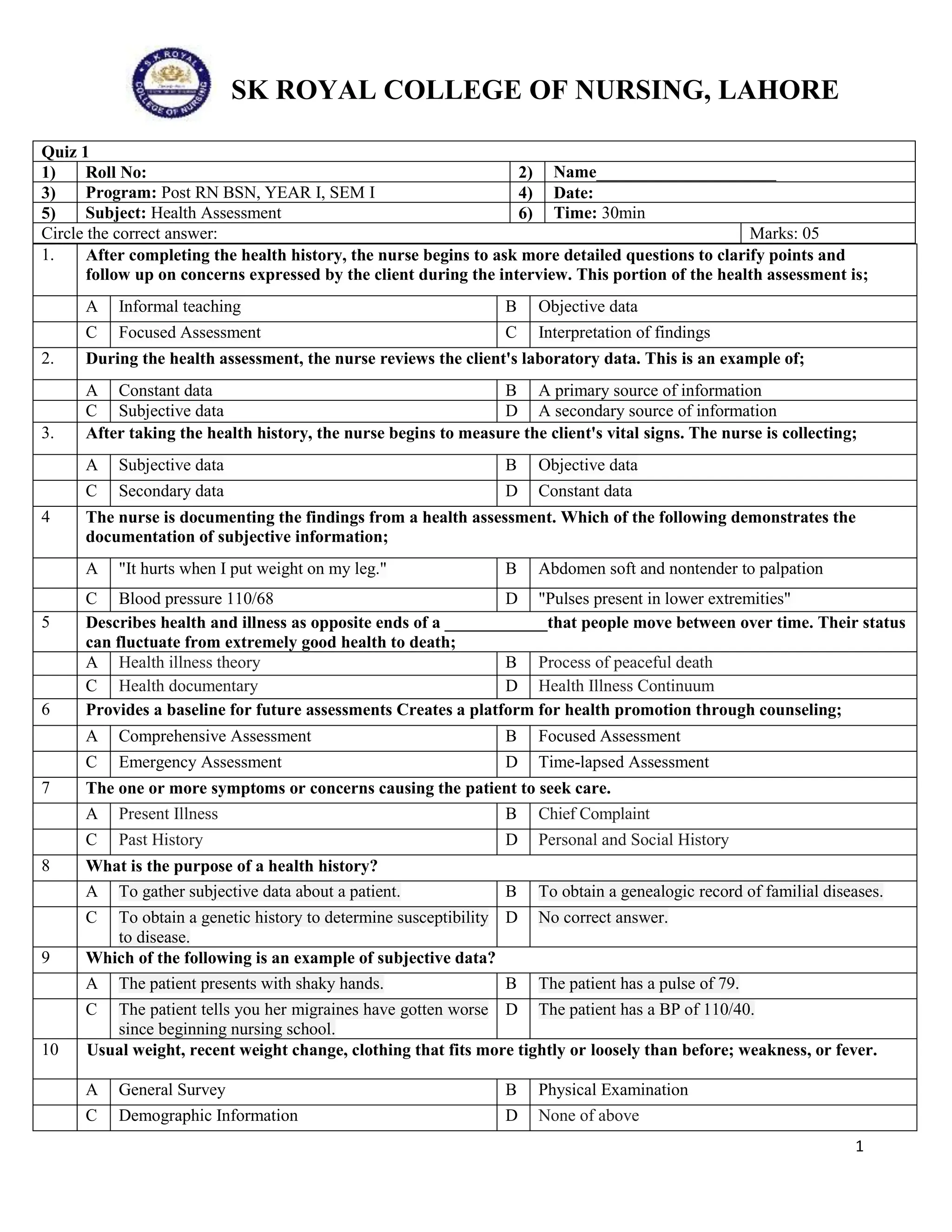 1 Quiz 1 UNIT 1. Introduction to health assessment concepts - Copy.docx