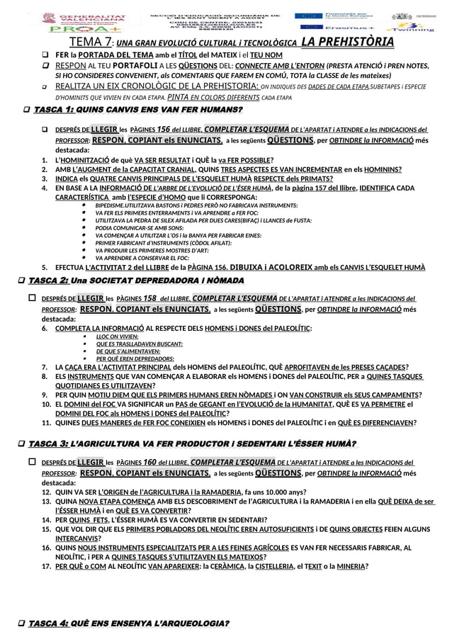 1r ESO_TEMA 7_ACTIVITATS sobre la etapa de la PREHISTORIA | DOCX