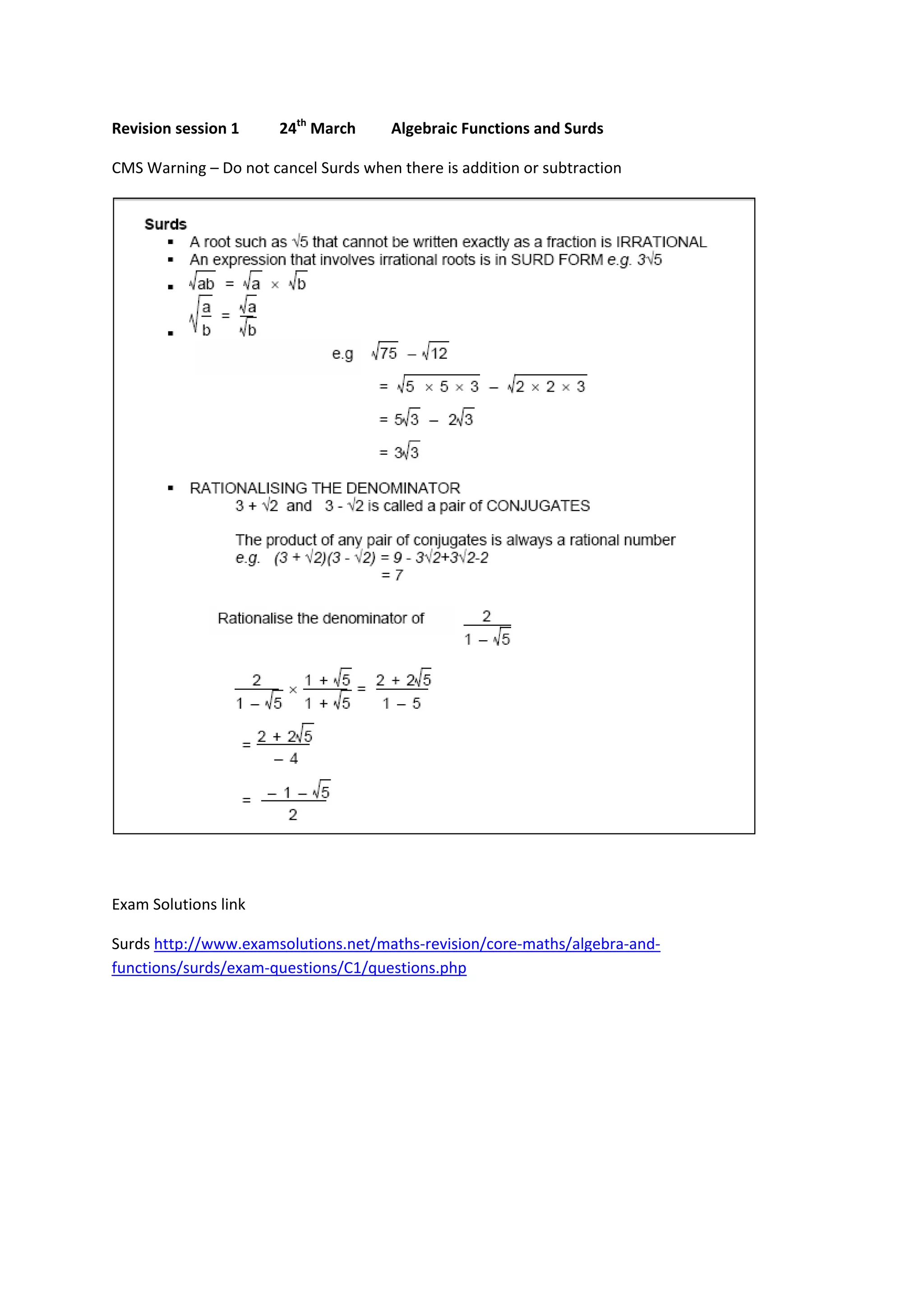 1 revision session for core 1 surds and quadratics | PDF
