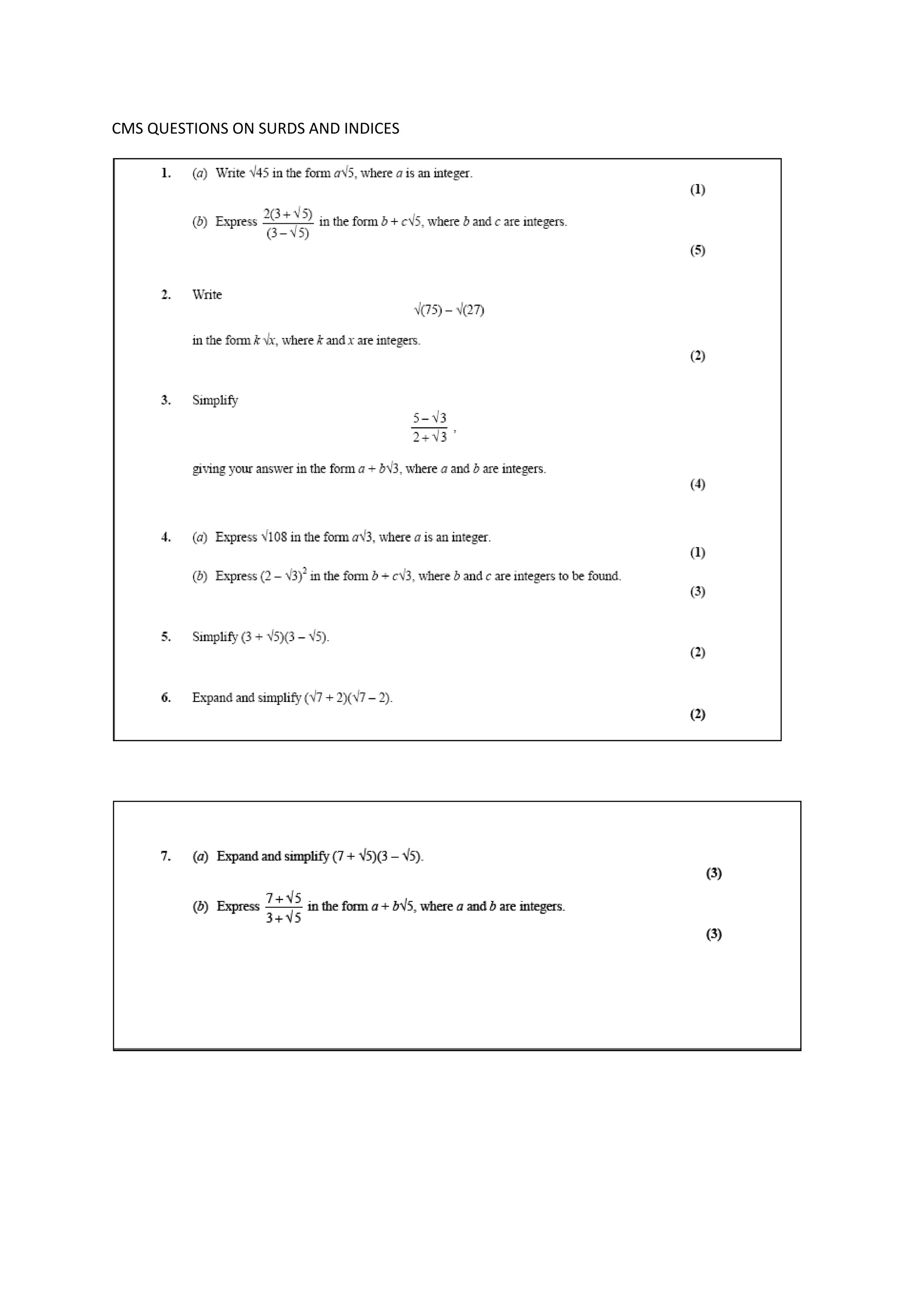 1 revision session for core 1 surds and quadratics | PDF