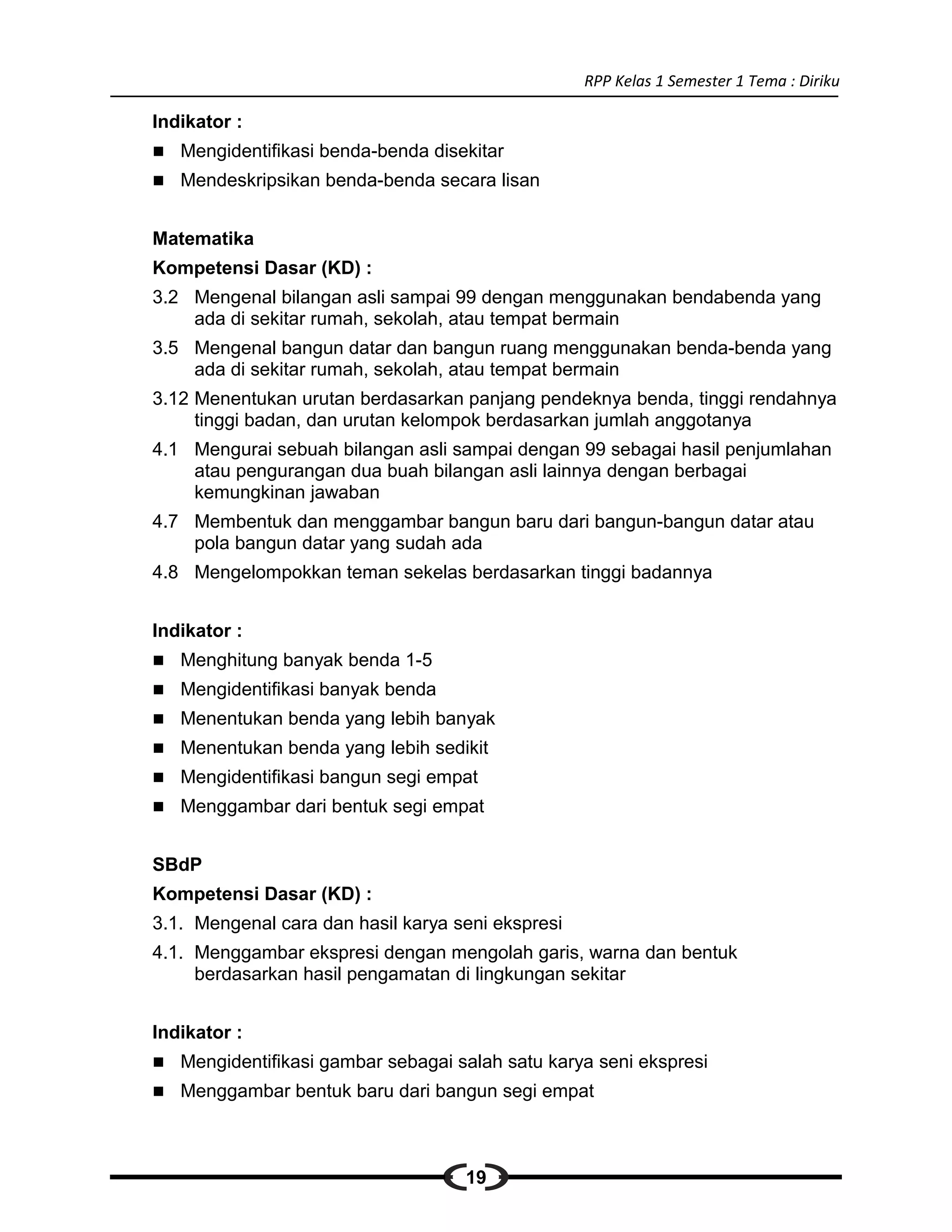 [1] rpp sd kelas 1 semester 1 diriku | PDF