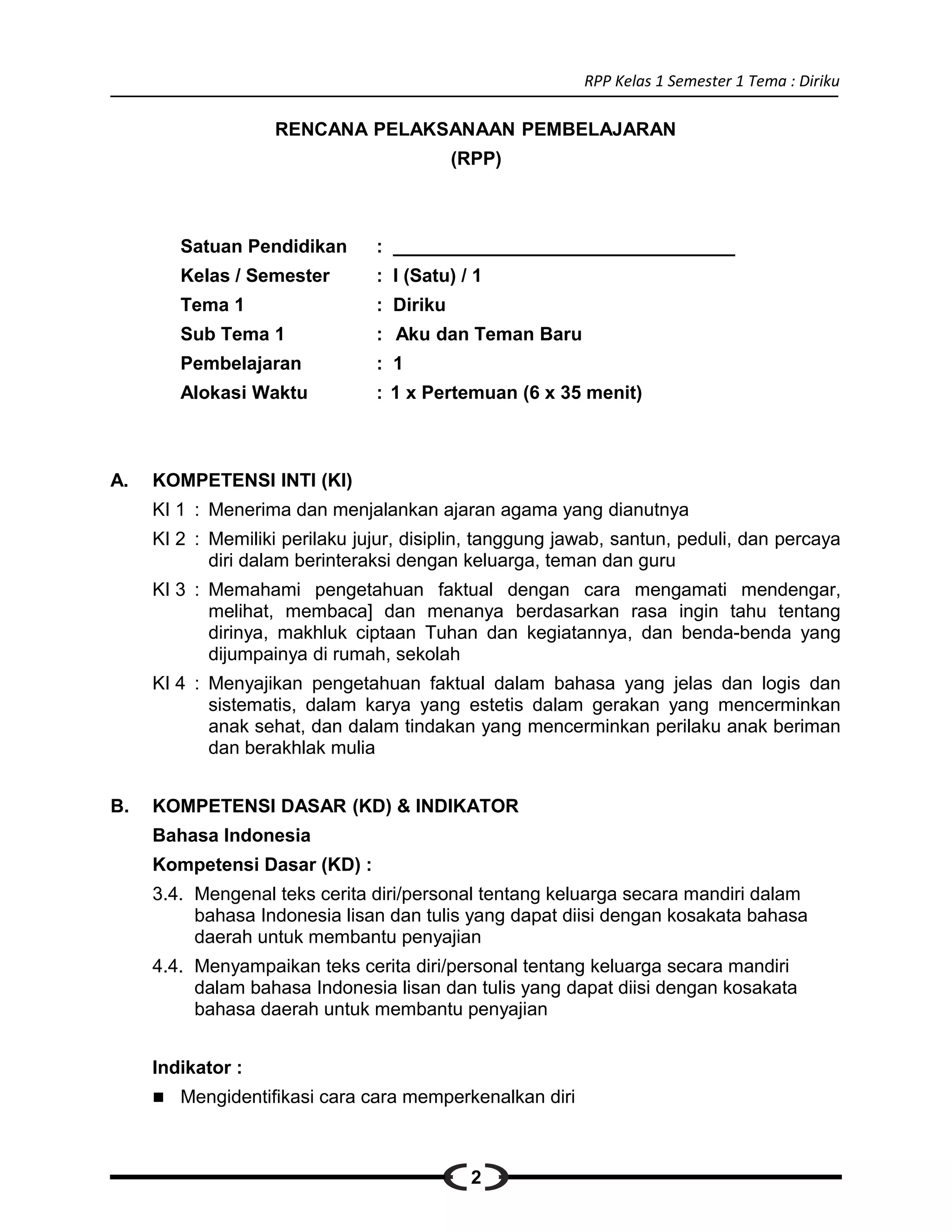 [1] rpp sd kelas 1 semester 1 diriku | DOC