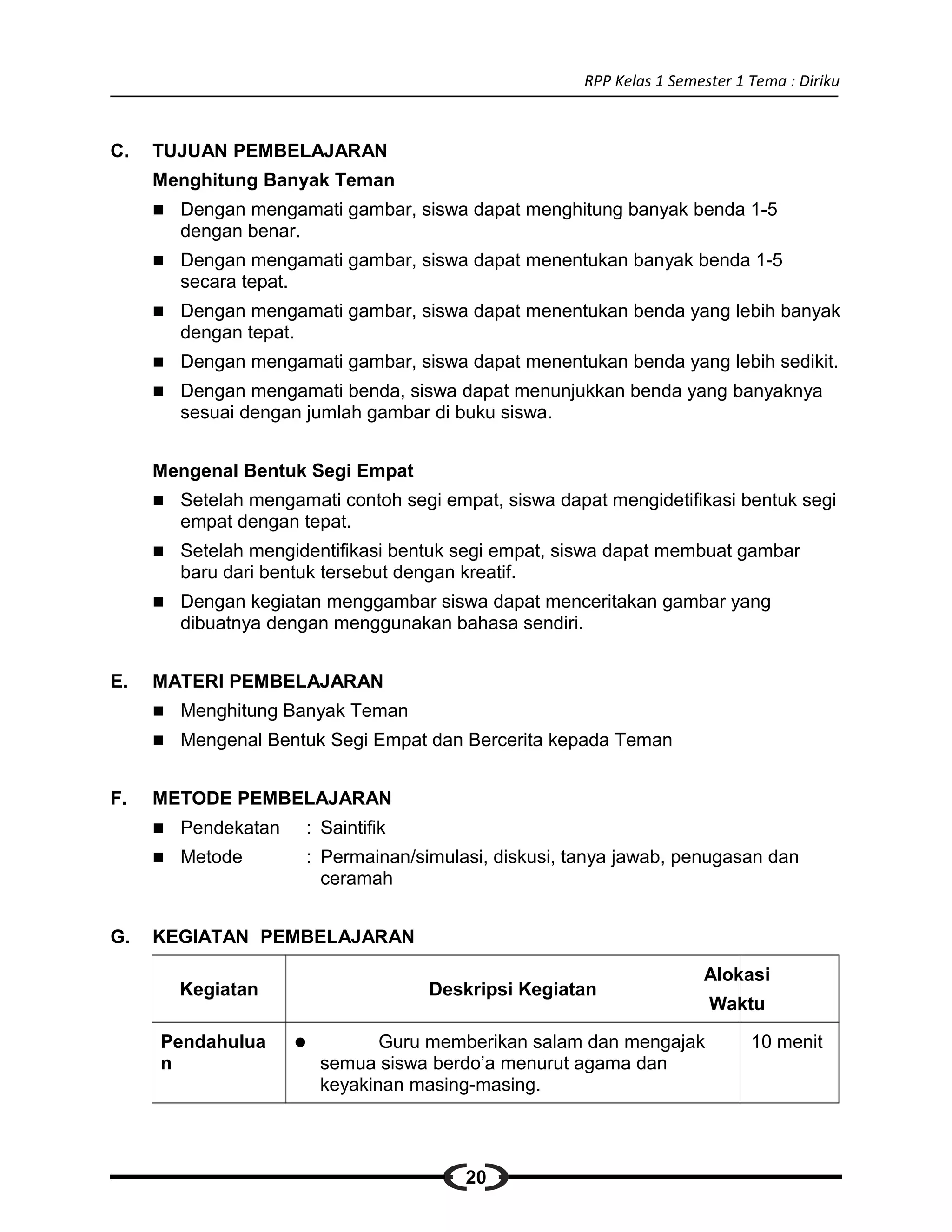[1] rpp sd kelas 1 semester 1 diriku | PDF
