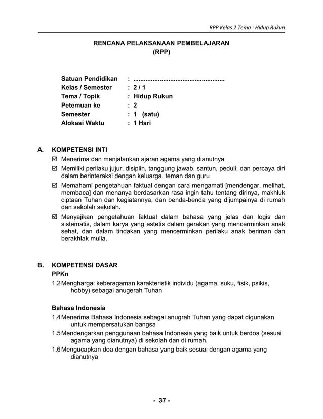 [1] rpp sd kelas 2 semester 1 hidup rukun | PDF
