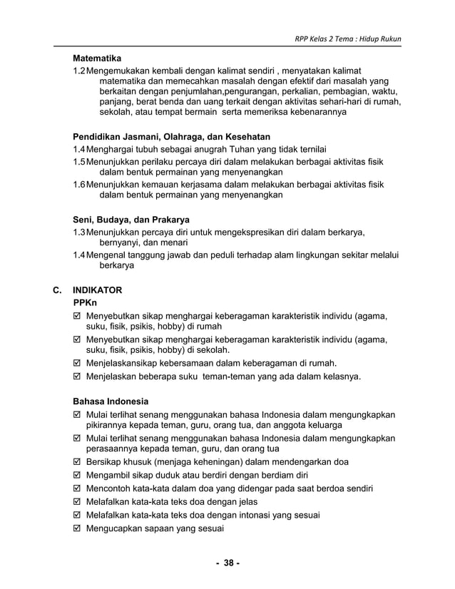 [1] rpp sd kelas 2 semester 1 hidup rukun | PDF