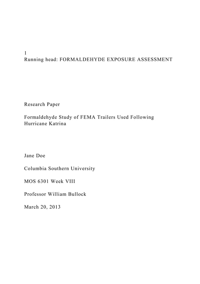 1 Running head FORMALDEHYDE EXPOSURE ASSESSMENT .docx