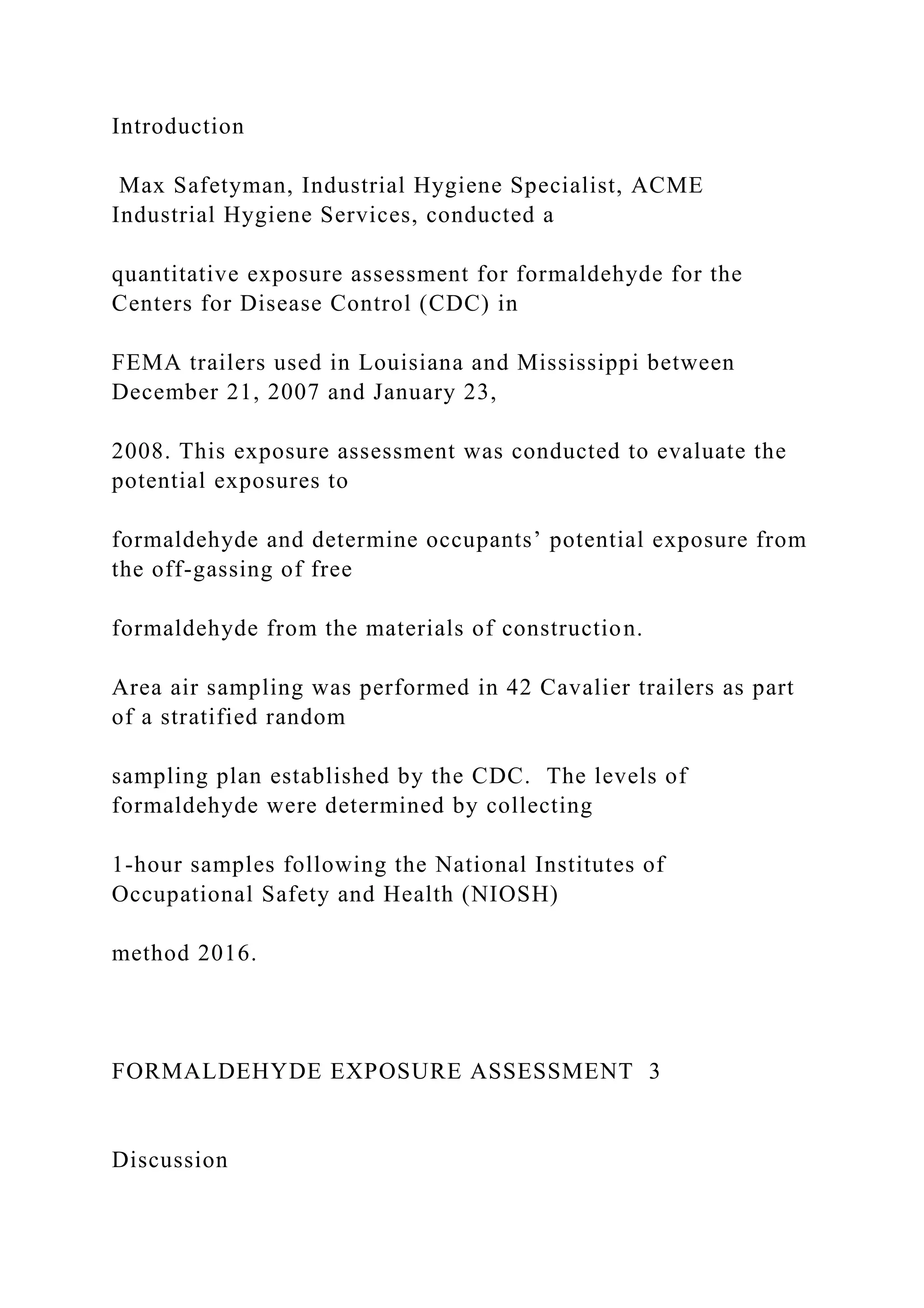 1 Running head FORMALDEHYDE EXPOSURE ASSESSMENT .docx