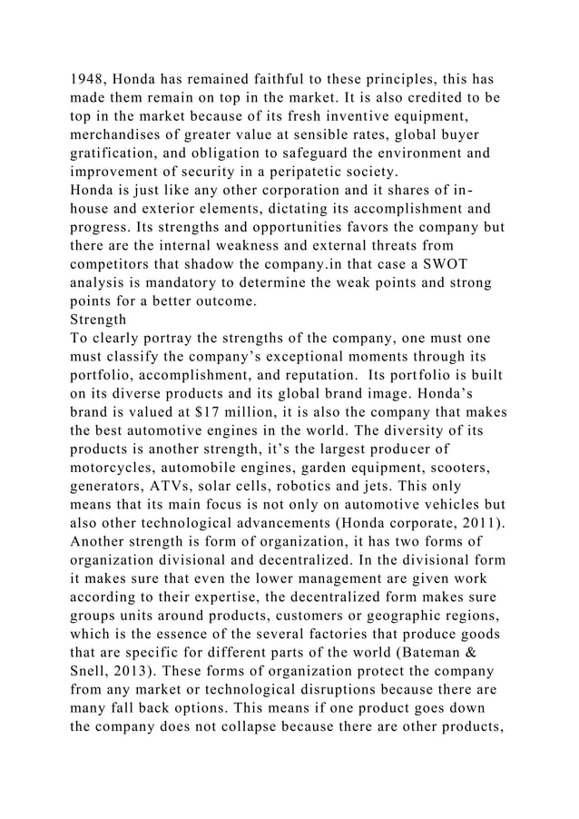 1Running head SWOT Analysis Honda Motor Company.docx