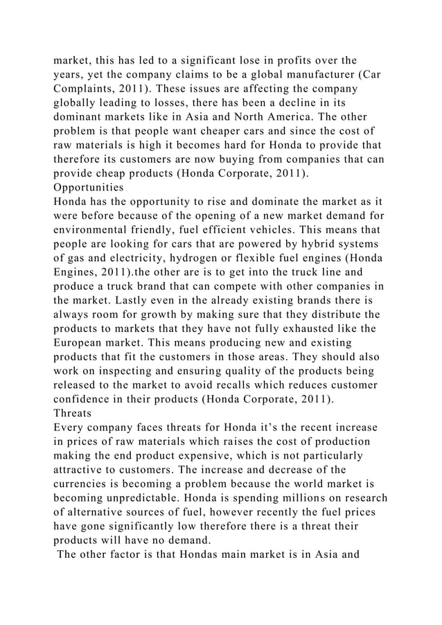 1Running head SWOT Analysis Honda Motor Company.docx