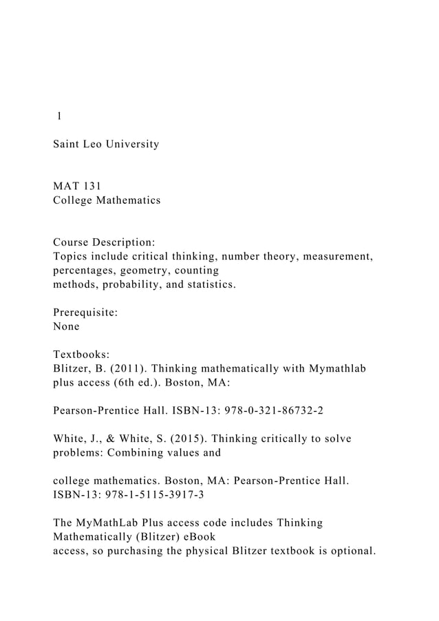 1 Saint Leo University MAT 131 College Mathemati.docx | Educational ...