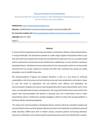 Essay on Overconsumption as a Threat to True Sustainability | PDF