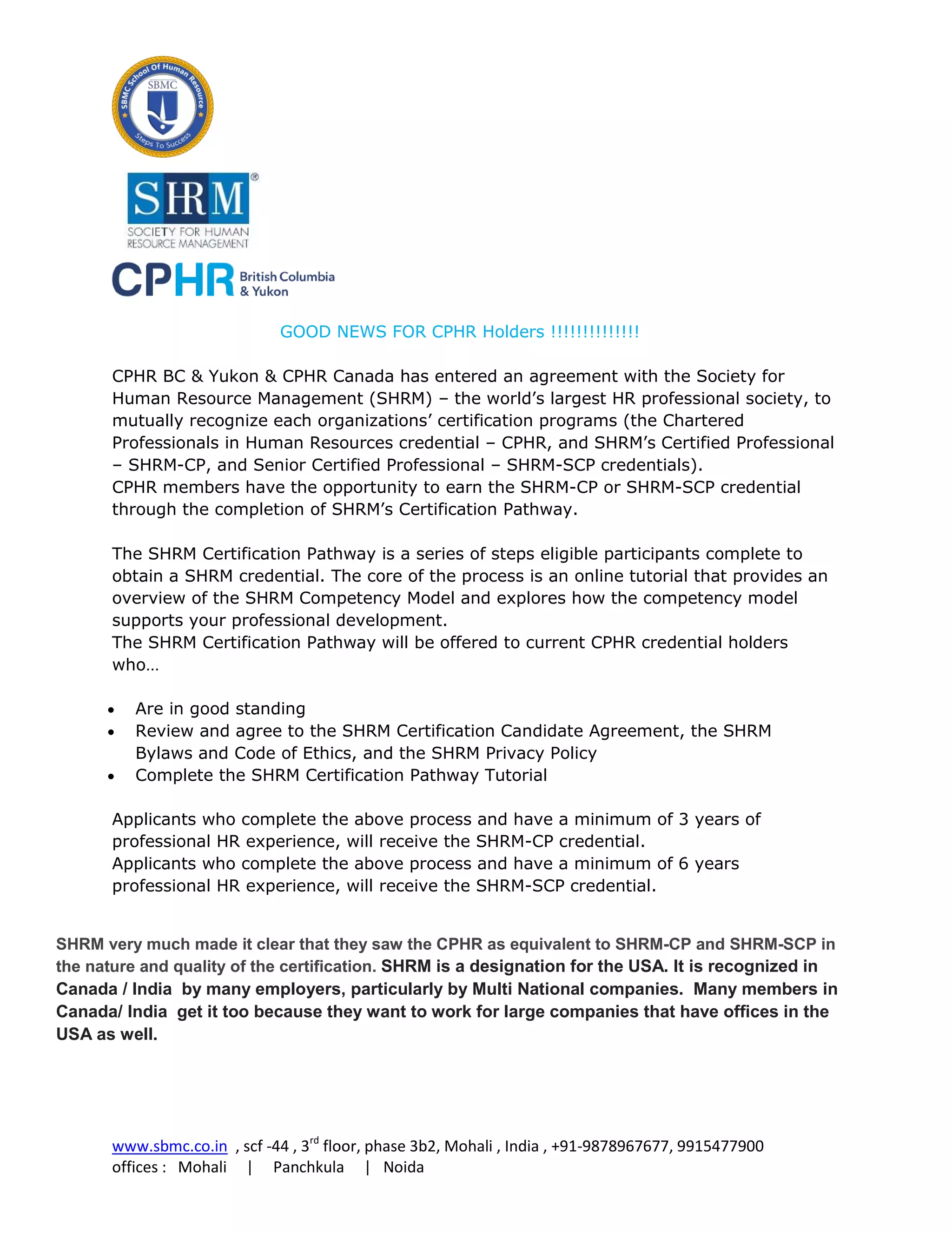 Pathways to get SHRM SCP / CP with CPHR | PDF