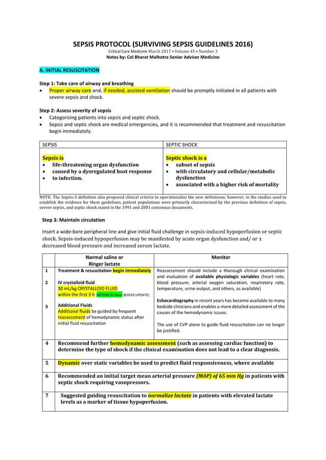 Sepsis protocol 2016 : Notes2021 | PDF
