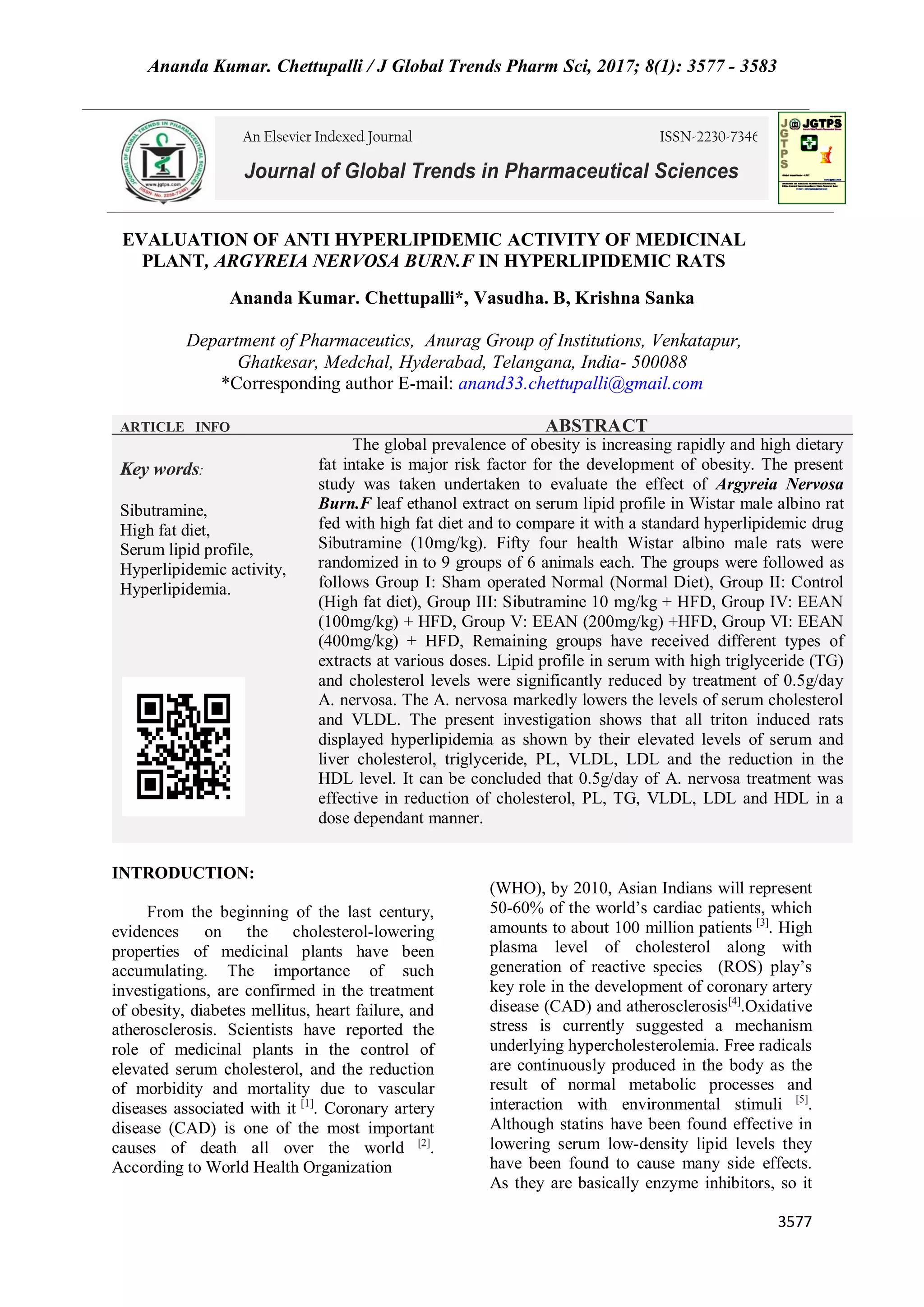 EVALUATION OF ANTI HYPERLIPIDEMIC ACTIVITY OF MEDICINAL PLANT, ARGYREIA ...