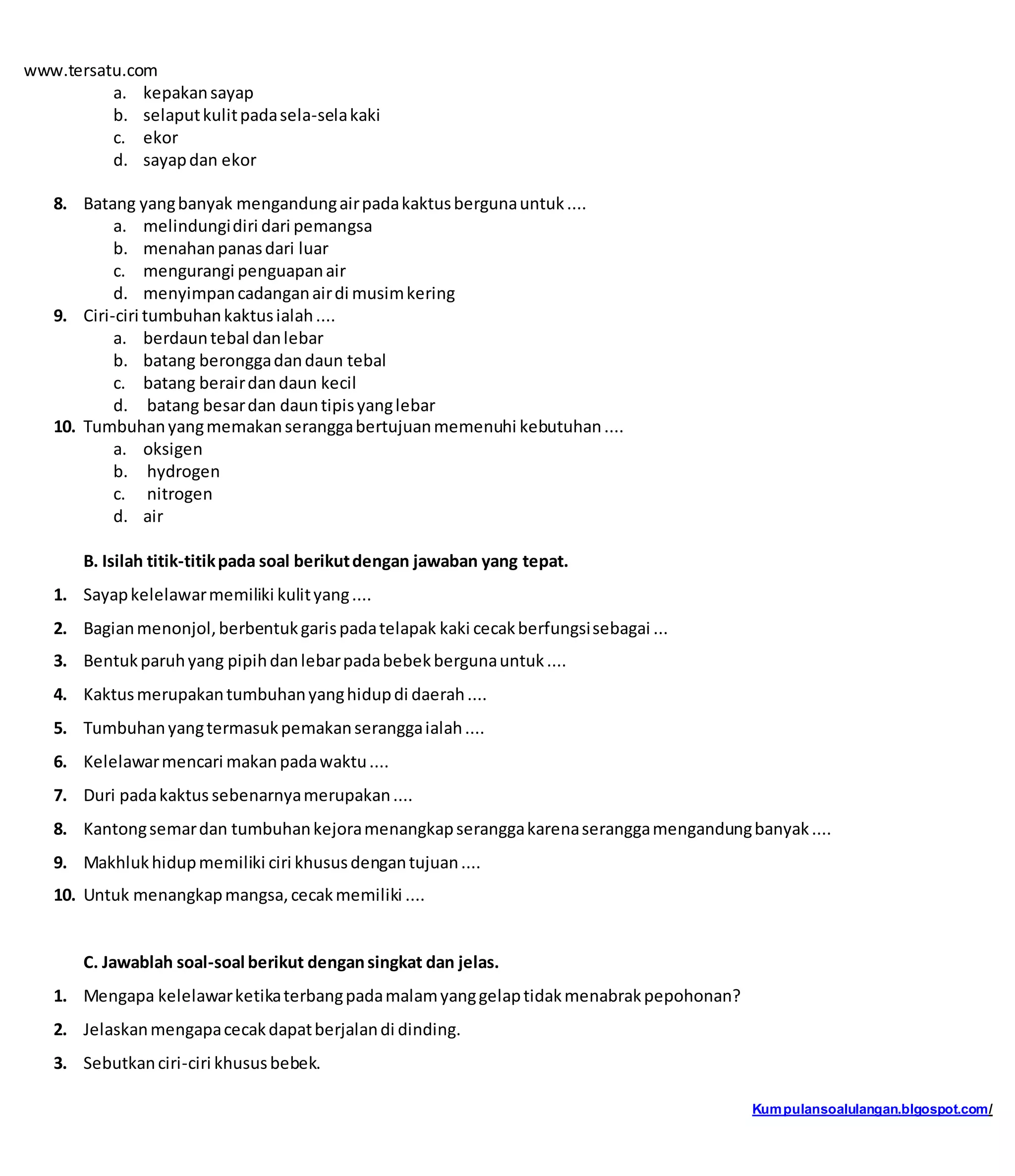 1 soal ulangan harian ipa kelas 6 bab 1 ciri ciri khusus makhluk hidup | PDF