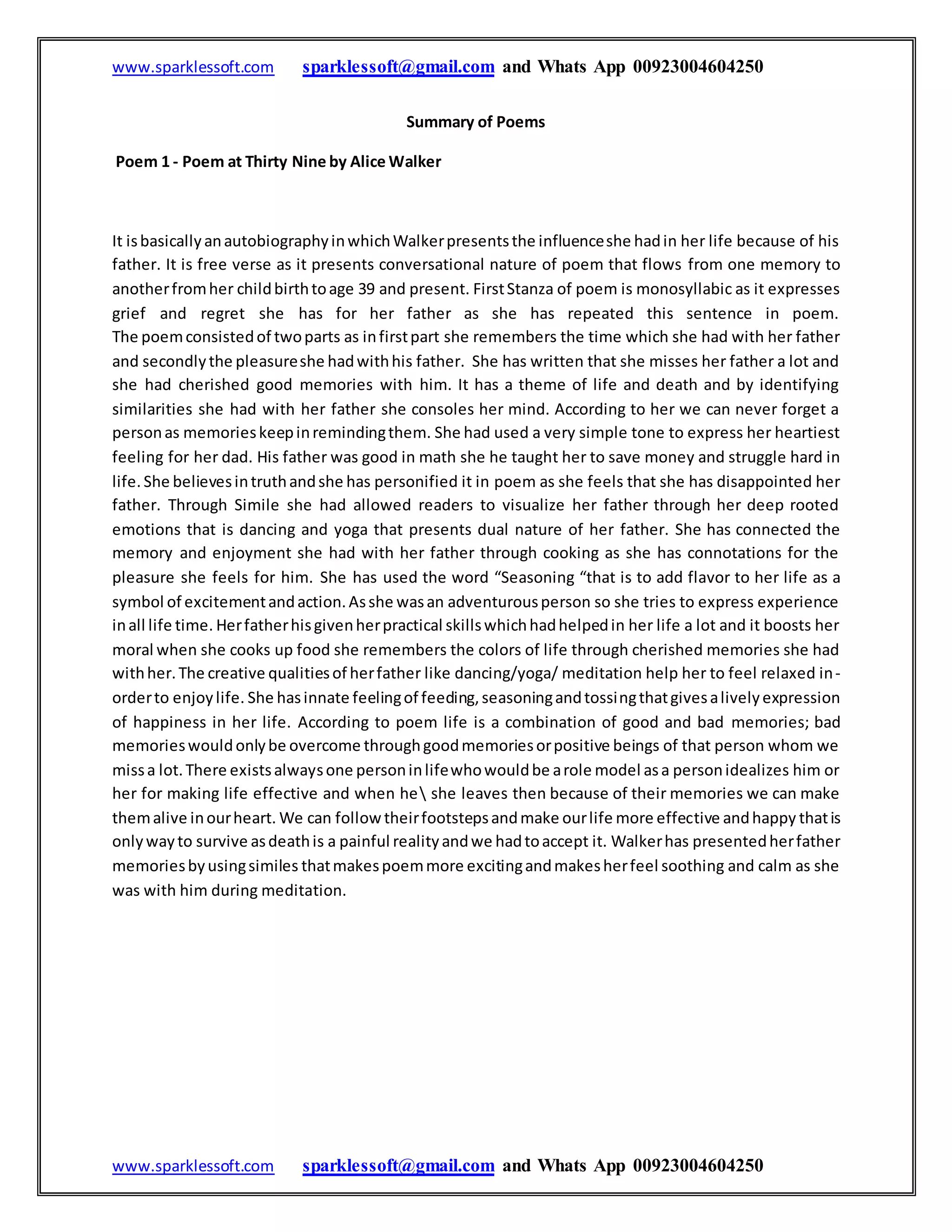 Poem 1 - Poem at Thirty Nine by Alice Walker | DOCX | Funeral ...