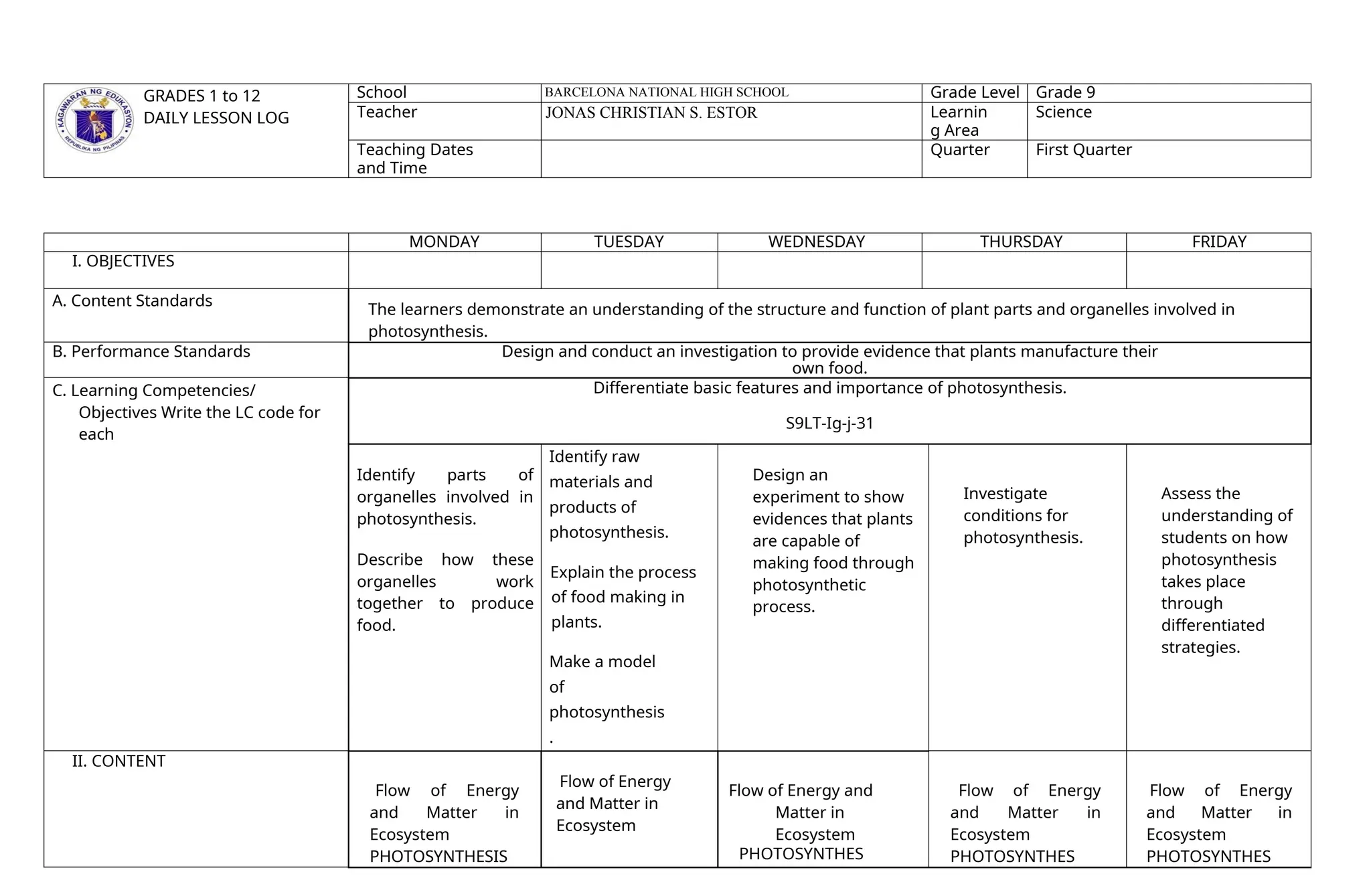 FIRST-quarter-PART-1-daily lesson log science 9cx | PPT