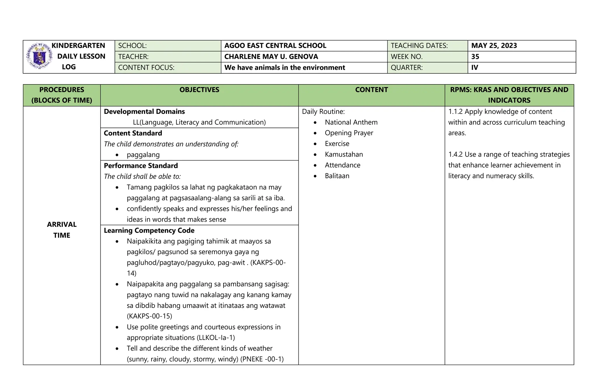 Quarter Four-Classroom Observation-KINDER | DOCX