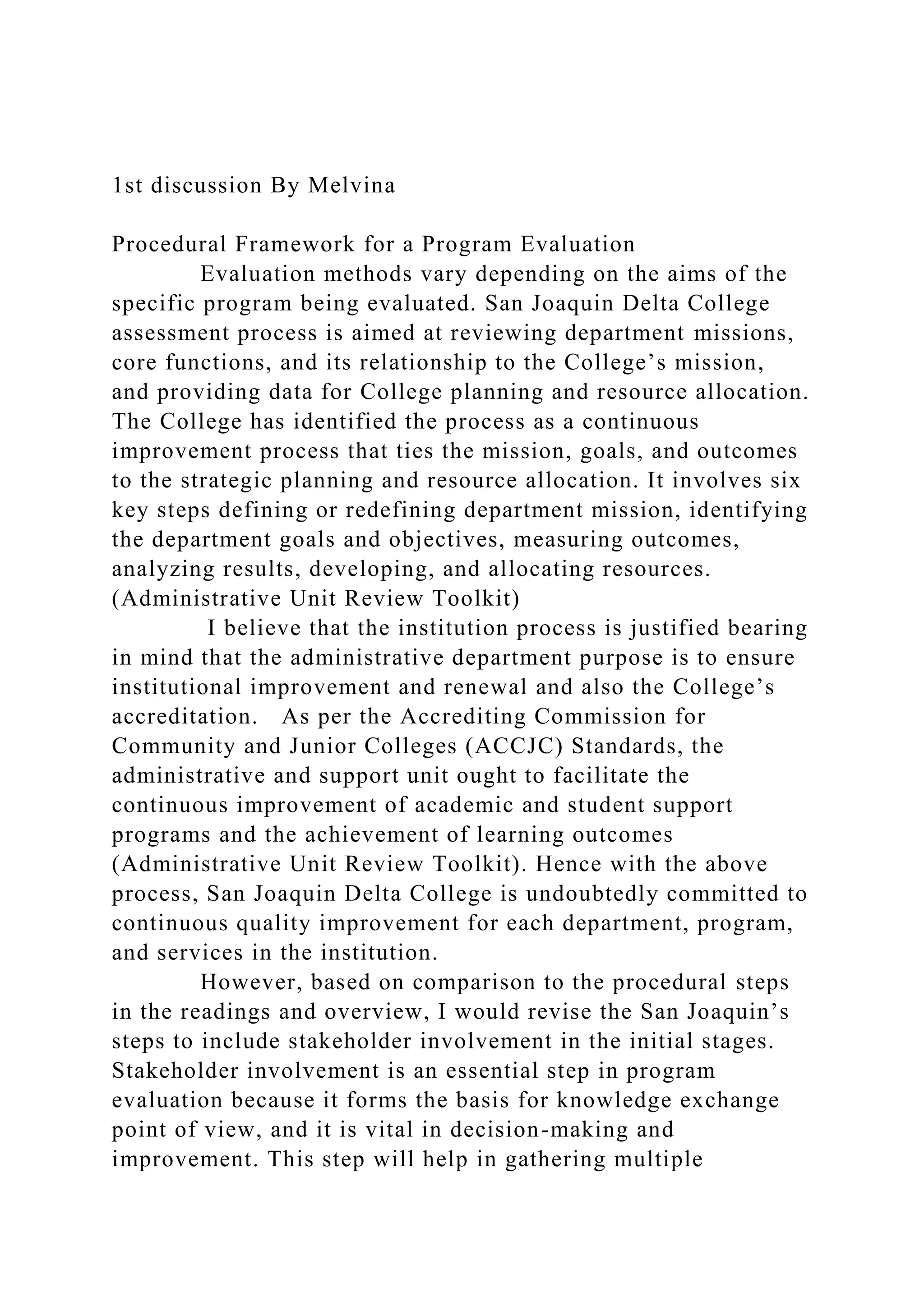 1st discussion By MelvinaProcedural Framework for a Program Ev.docx