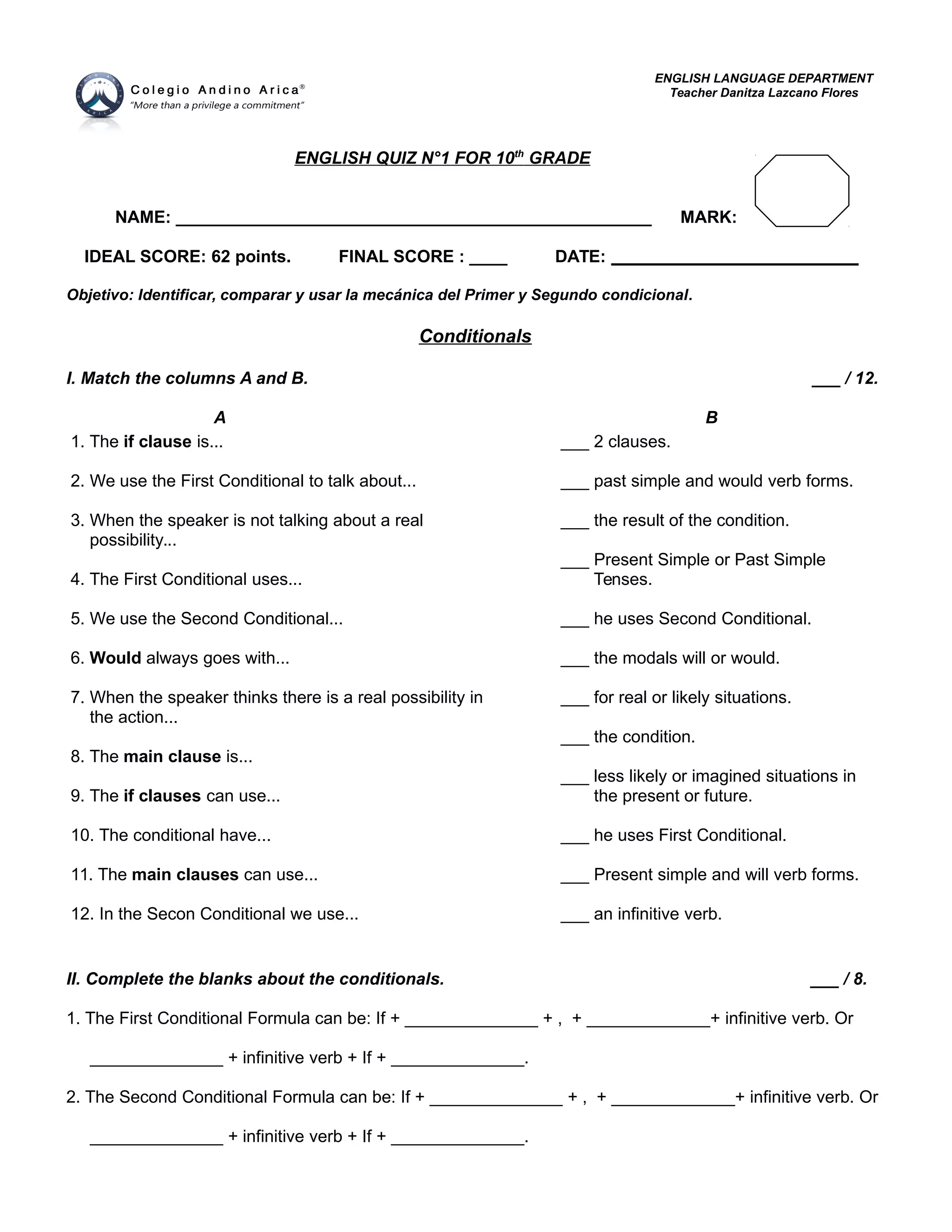 1st english quiz first and second conditionals for 10th grade | PDF