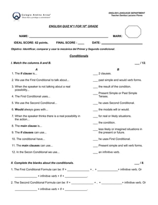 1st english quiz first and second conditionals for 10th grade | PDF