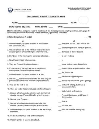 1st english quiz present simple and now present for 7th grades | PDF