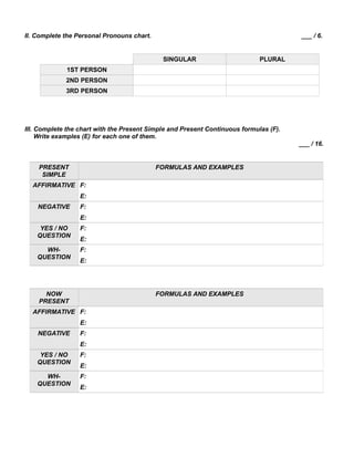 1st english quiz present simple and now present for 7th grades | PDF