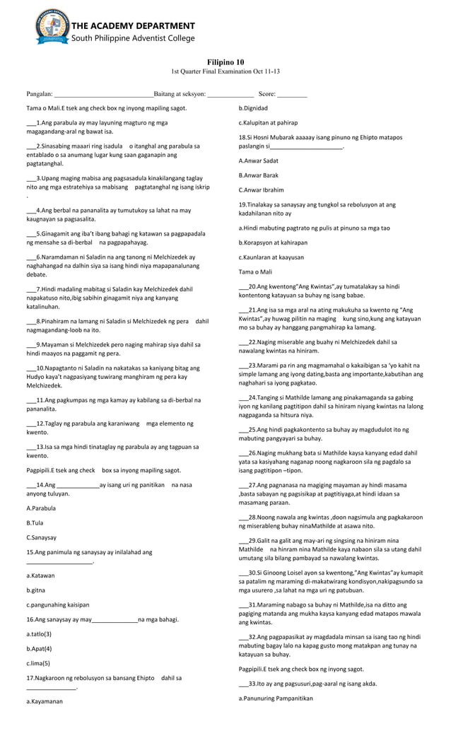 1st Final Exam - Filipino 10.pdfSinaunang Paniniwala: Dimensyon ng ...