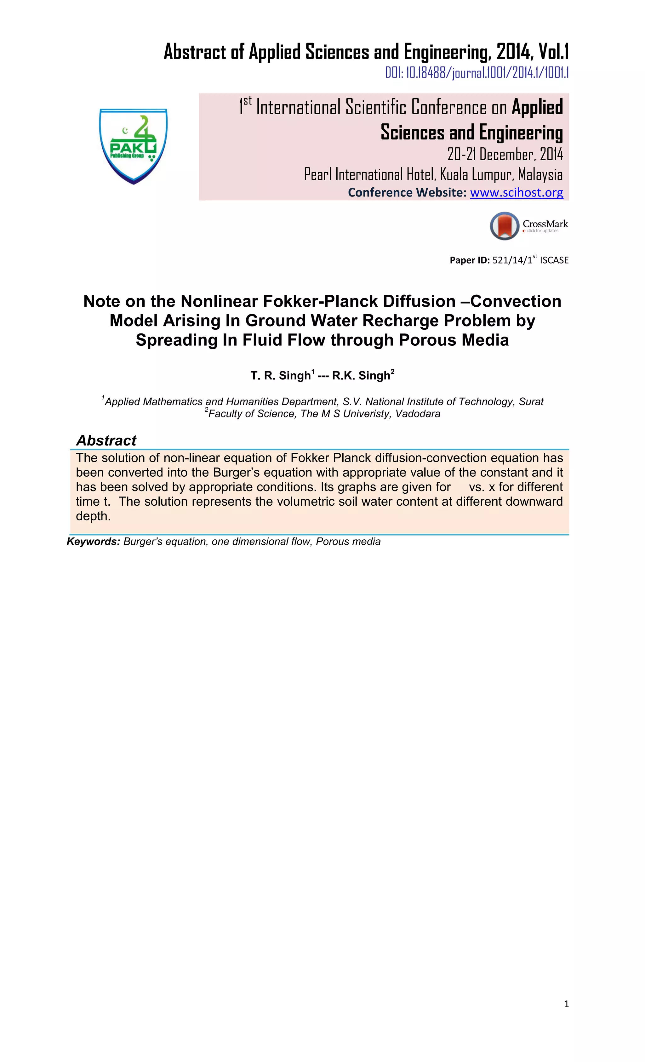 Note on the Nonlinear Fokker-Planck Diffusion –Convection Model Arising In Ground Water Recharge ...
